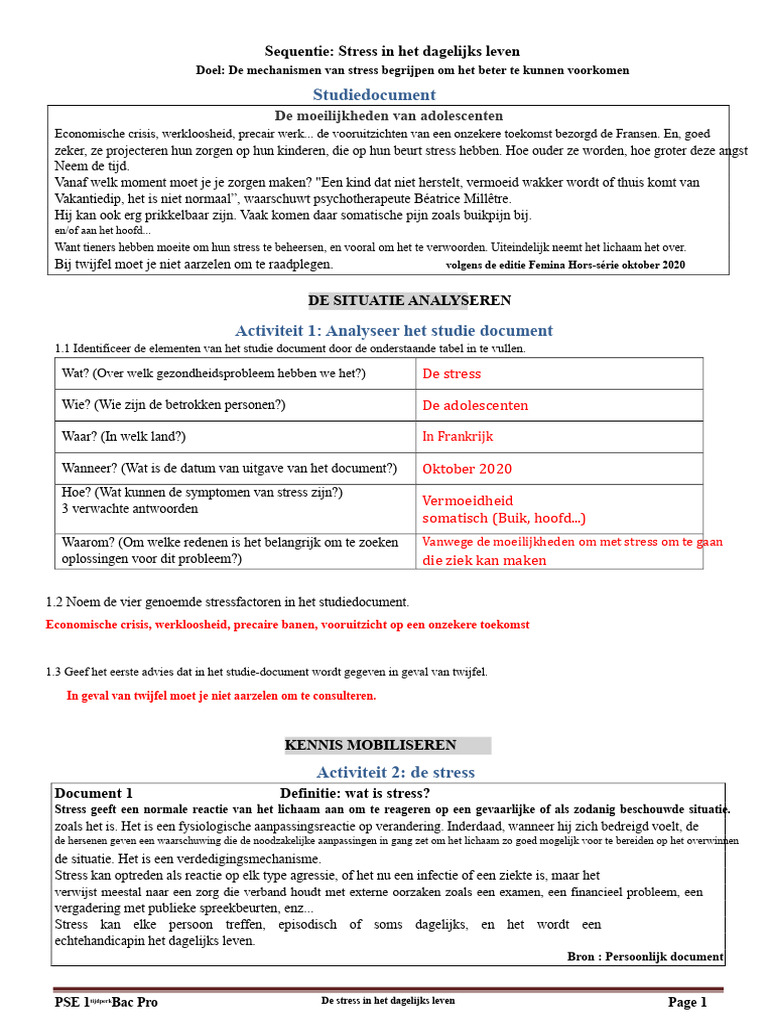 Sequentie Eerste PSE Pronote Stress in Het Dagelijks Leven 2022 | PDF
