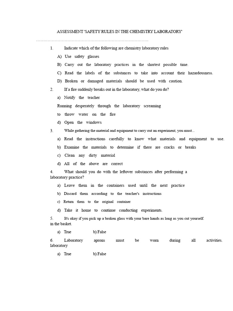 Chemistry Lab Safety Rules Assessment | PDF | Laboratories | Safety