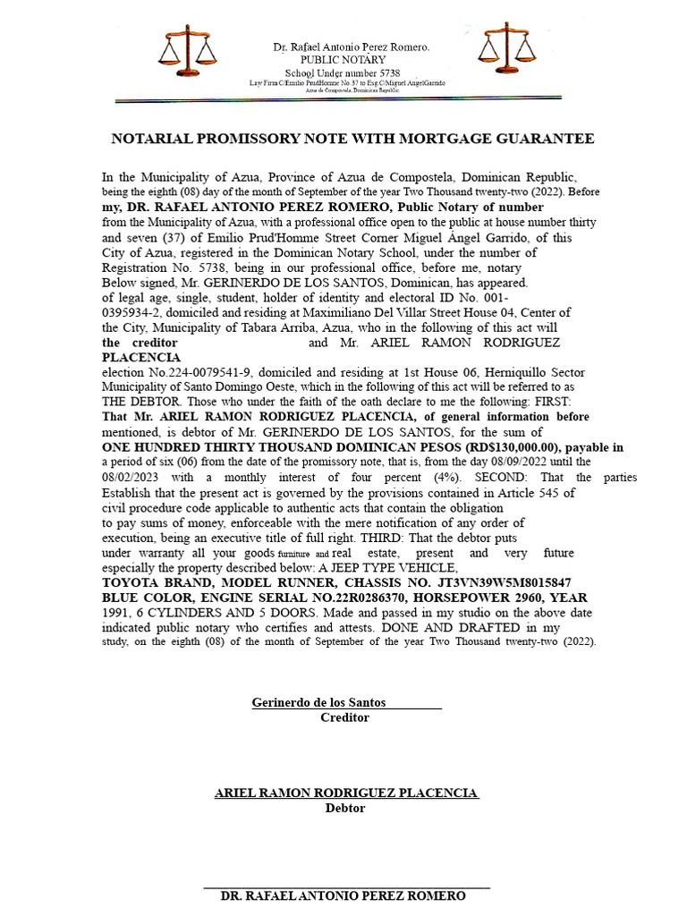 Notarial Promissory Note With Mortgage Guarantee | PDF | Dominican ...