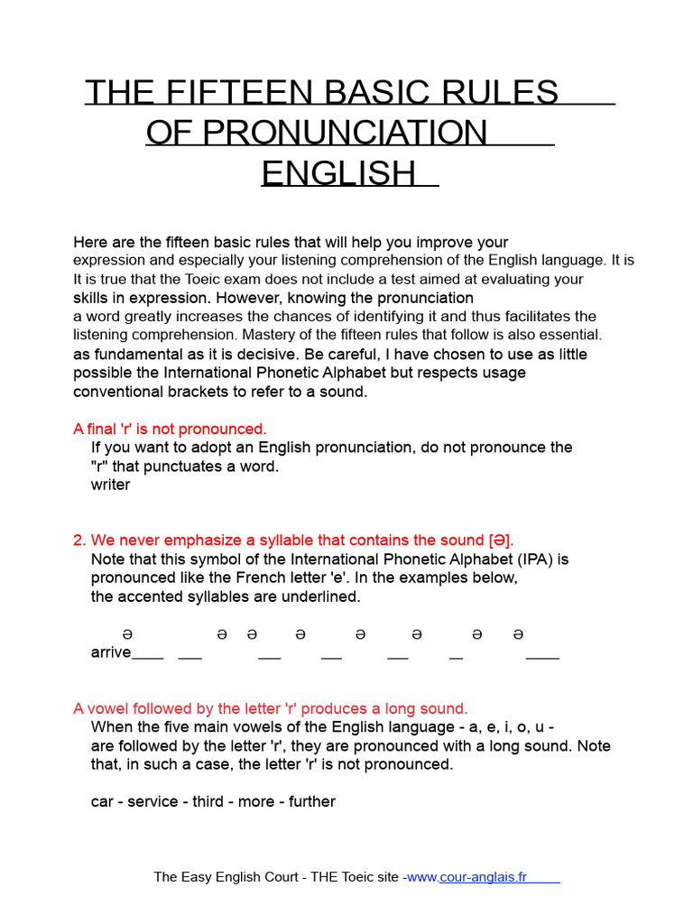 The Fifteen Basic Rules of English Pronunciation | PDF | Vowel | Consonant