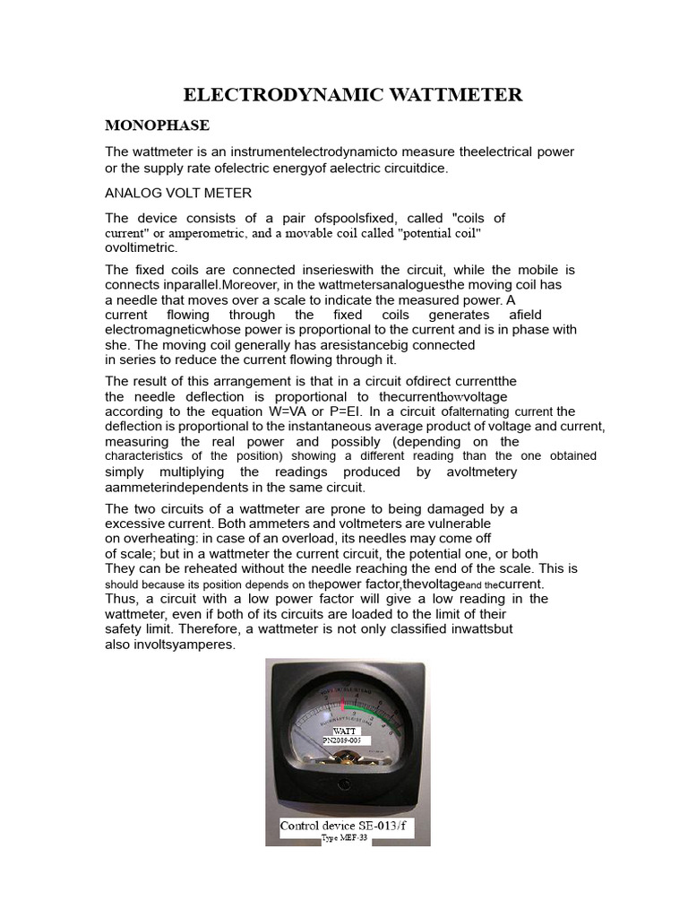 Monophase Electrodynamic Wattmeter Overview | PDF | Electromagnetism ...