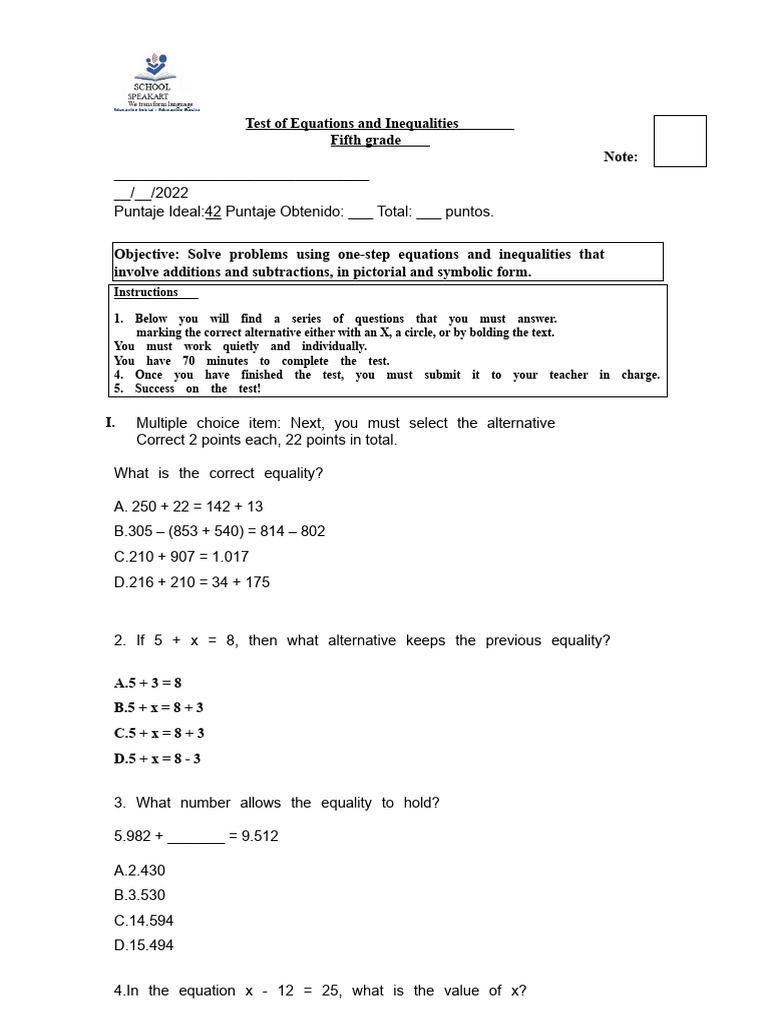 Fifth Grade Equations and Inequalities Test | PDF | Multiple Choice ...