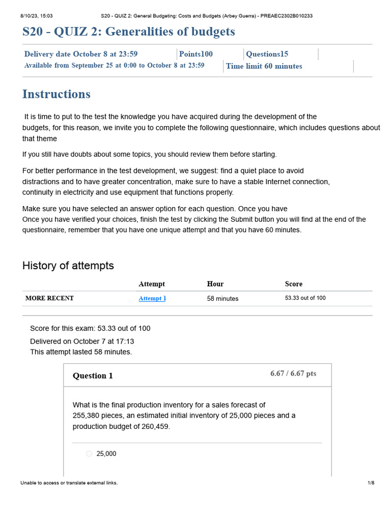 S20 - QUIZ 2 - General Budgeting - Costs and Budgets | PDF | Budget | Inventory