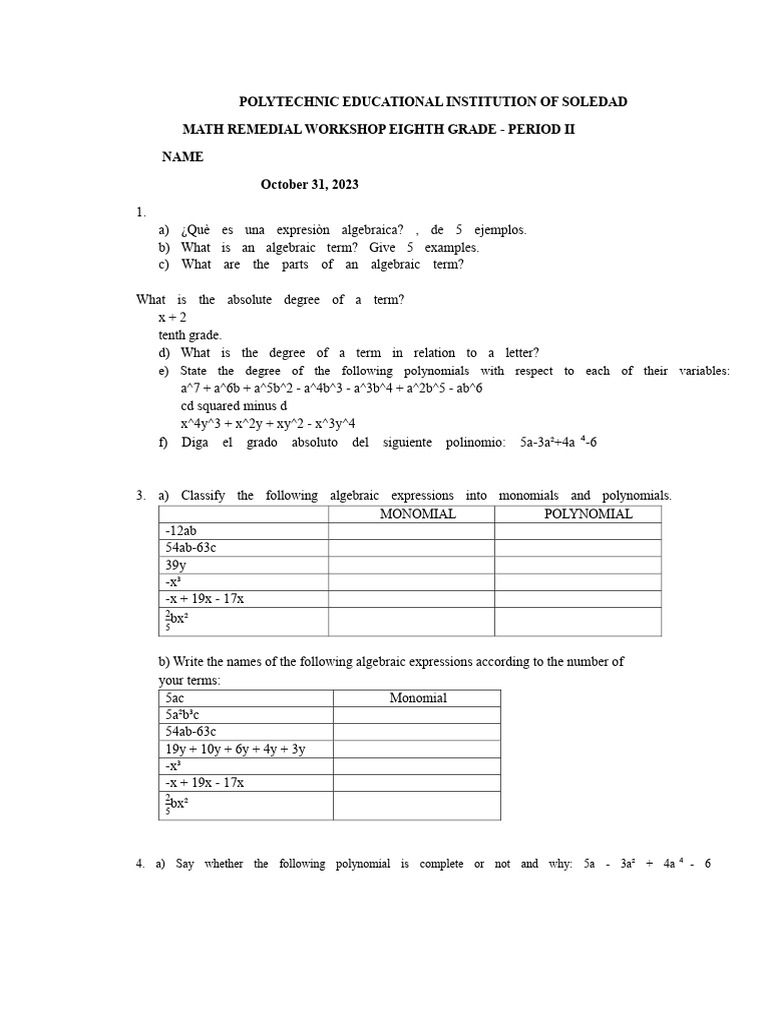 Leveling Workshop 8 Mathematics Period 2 | PDF | Polynomial | Multiplication
