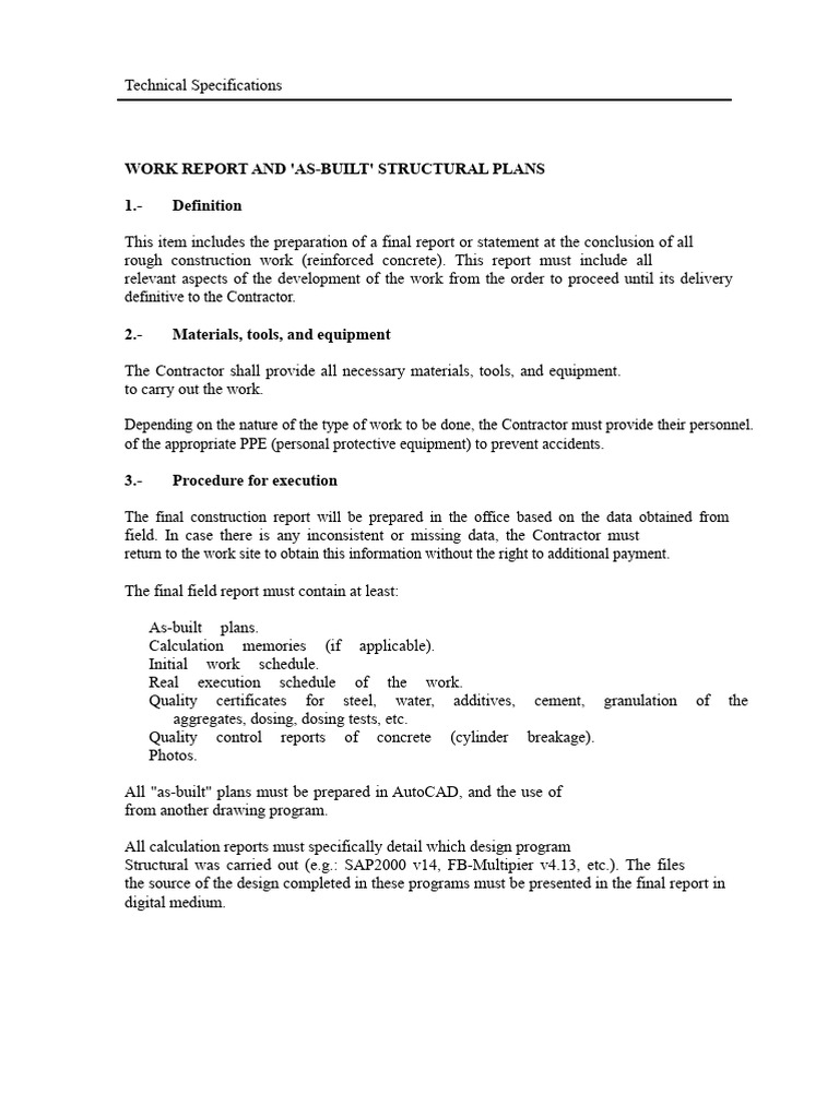36 - Specification of Work Report and As-Built Plans UMSS | PDF ...