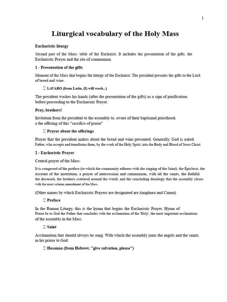 Holy Mass Liturgical Vocabulary Guide | PDF | Mass (Liturgy) | Eucharist