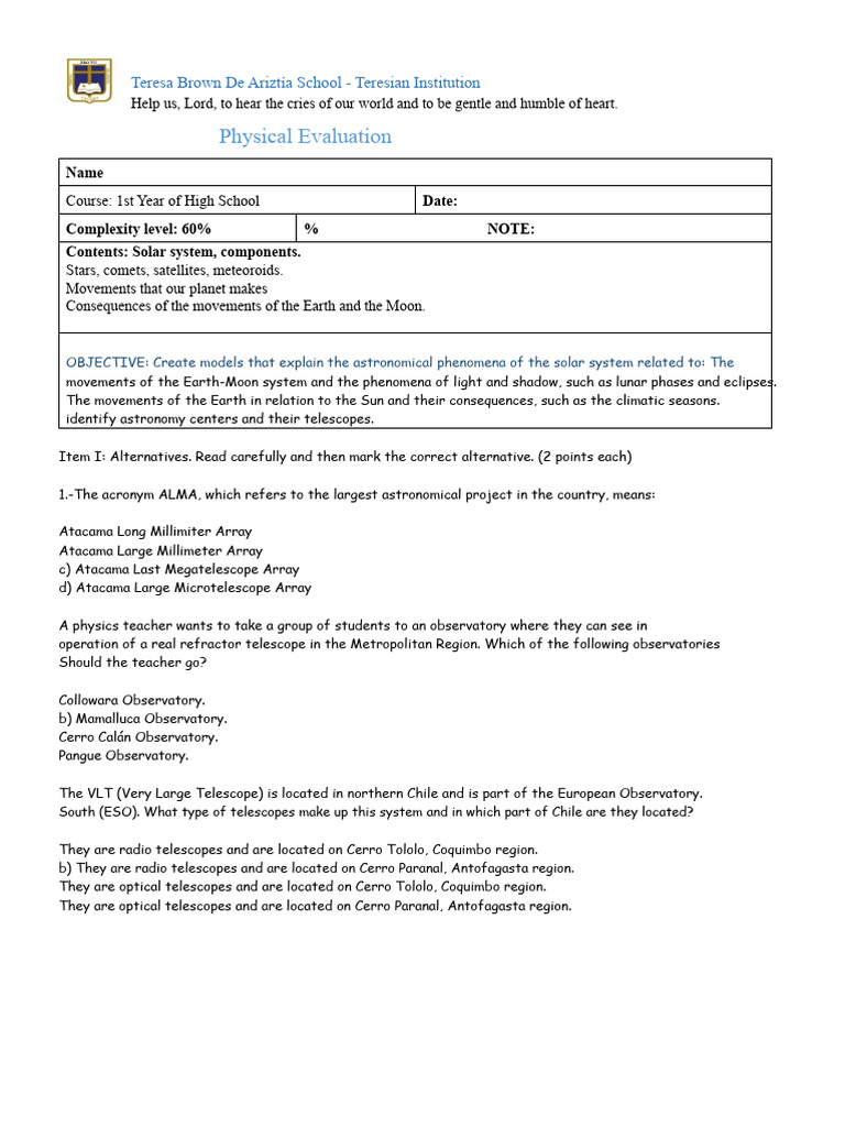 Astronomy Physics Evaluation First Year A and B | PDF | Moon | Planets