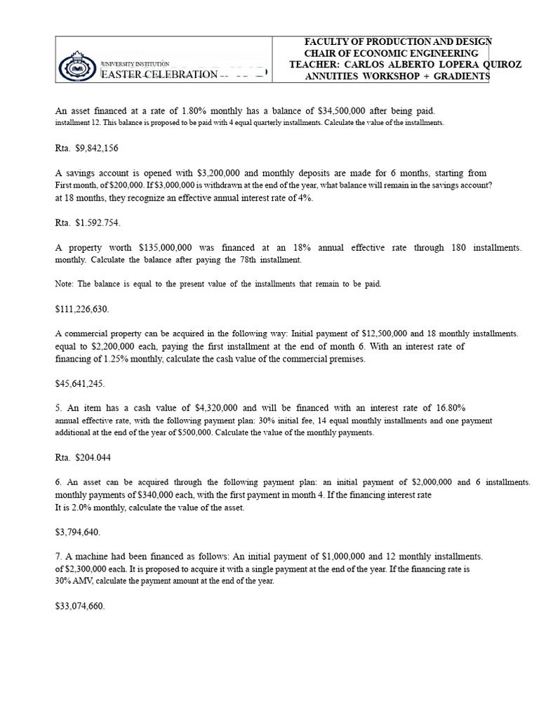 Economic Engineering Workshop Annuities + Gradients | PDF | Interest | Present Value