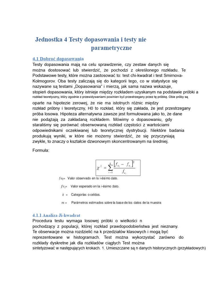 Jednostka 4 Testy Dopasowania I Testy Nieparametryczne | PDF