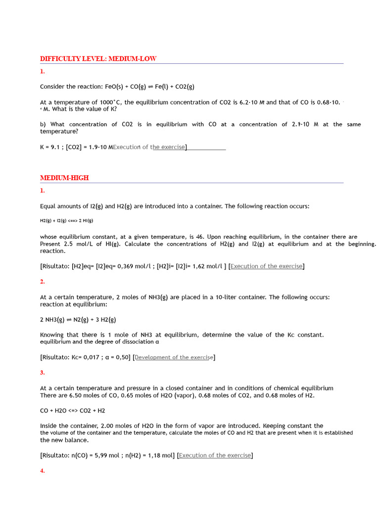 Chemical Equilibrium Exercises and Solutions | PDF | Chemical ...