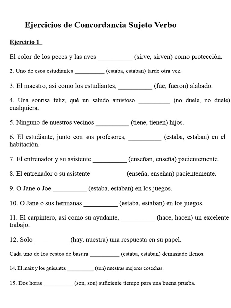 Ejercicios de Concordancia Sujeto-Verbo | PDF