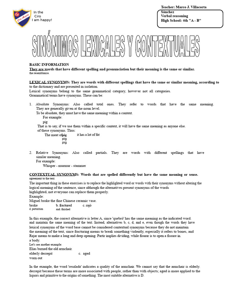 Lexical and Contextual Synonyms 4th | PDF | Semantics | Word