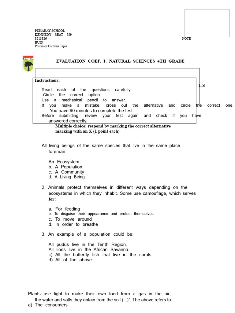 Natural Sciences Test Fourth Grade | PDF | Foods | Herbivore