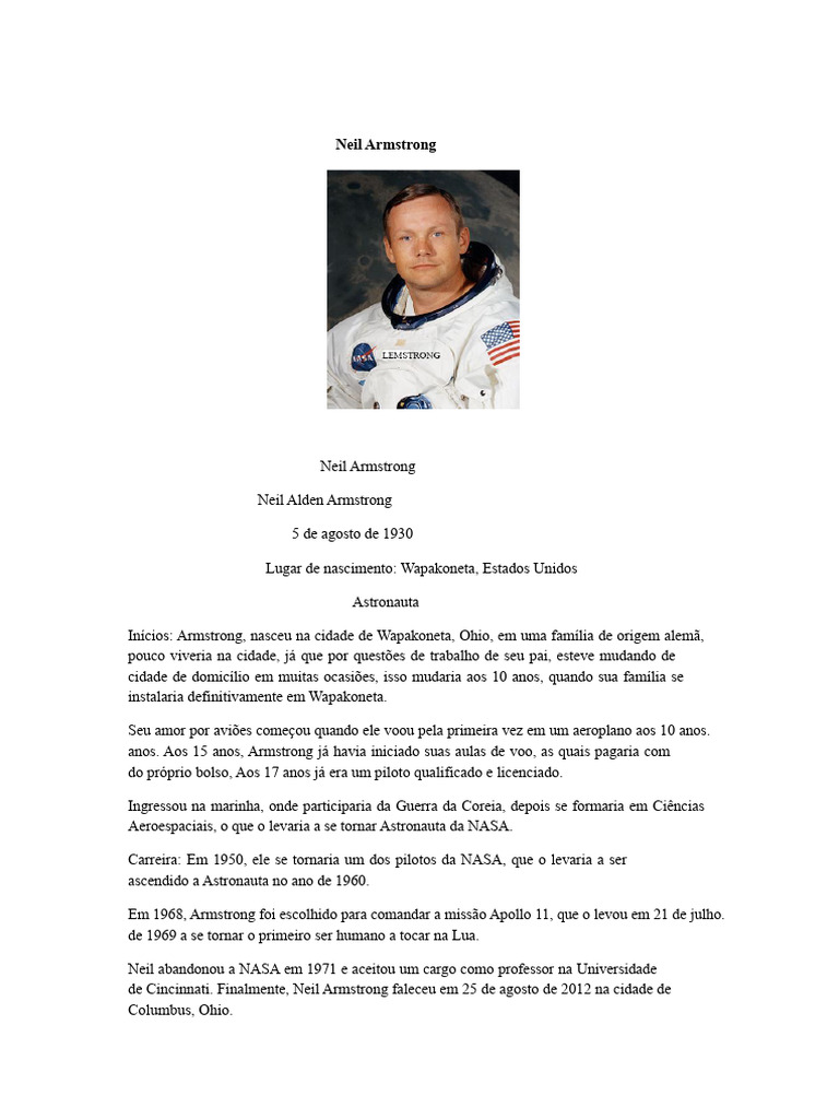 Neil Armstrong: Vida e Conquistas na NASA | PDF | Neil Armstrong | Nasa