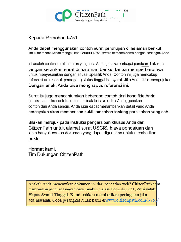 I 751 Sample Cover Letter | PDF