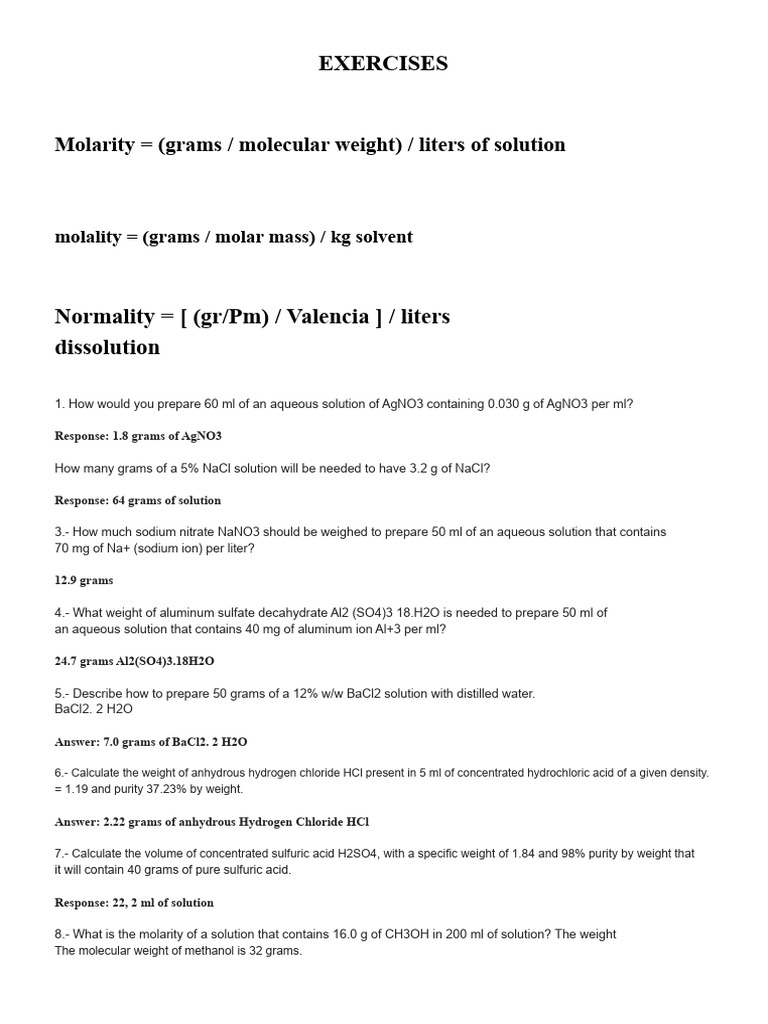 Molarity Exercises With Answers | PDF | Acid | Hydrochloric Acid