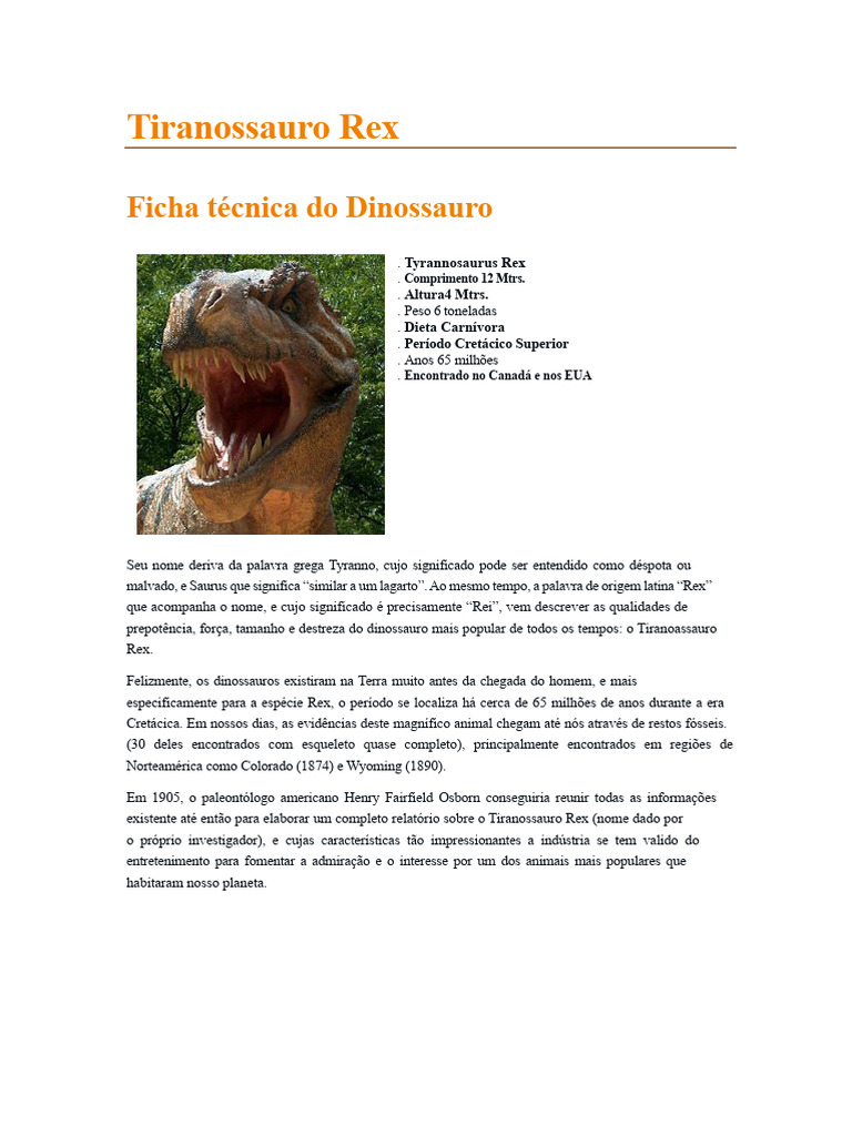 Tiranossauro Rex | PDF | Tiranossauro | Dinossauros