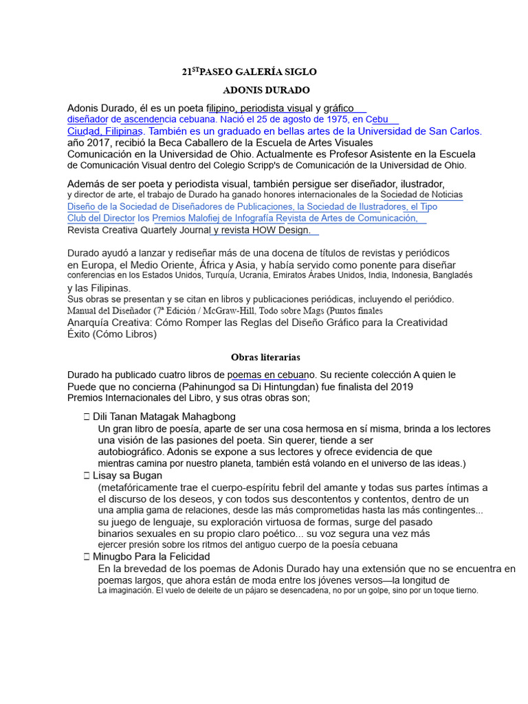 Paseo Por La Galería Del Siglo Xxi Región 7 | PDF | Escritores | Poesía