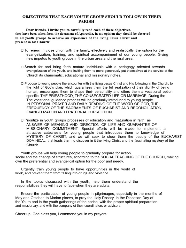 Objectives That Each Youth Group Should Follow in | PDF | Catholic ...