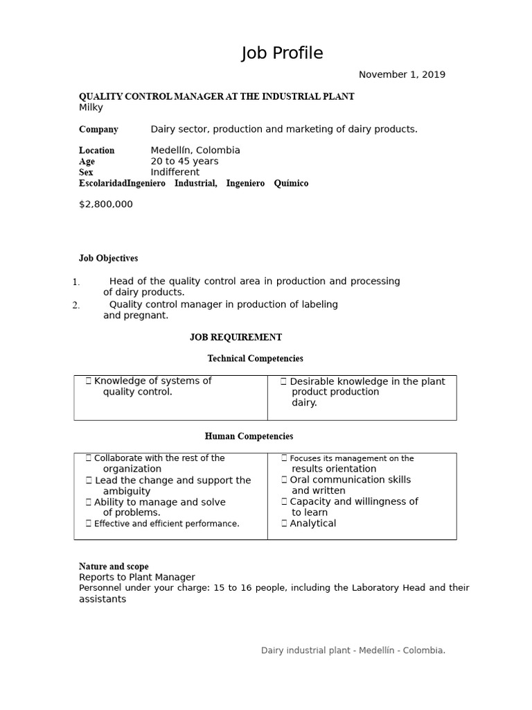 Quality Control Manager Profile Plant | PDF | Human Resources | Goal