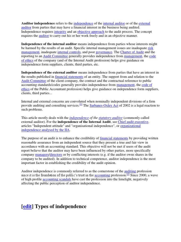 Types of Independence: Auditor Independence Refers To The | PDF ...
