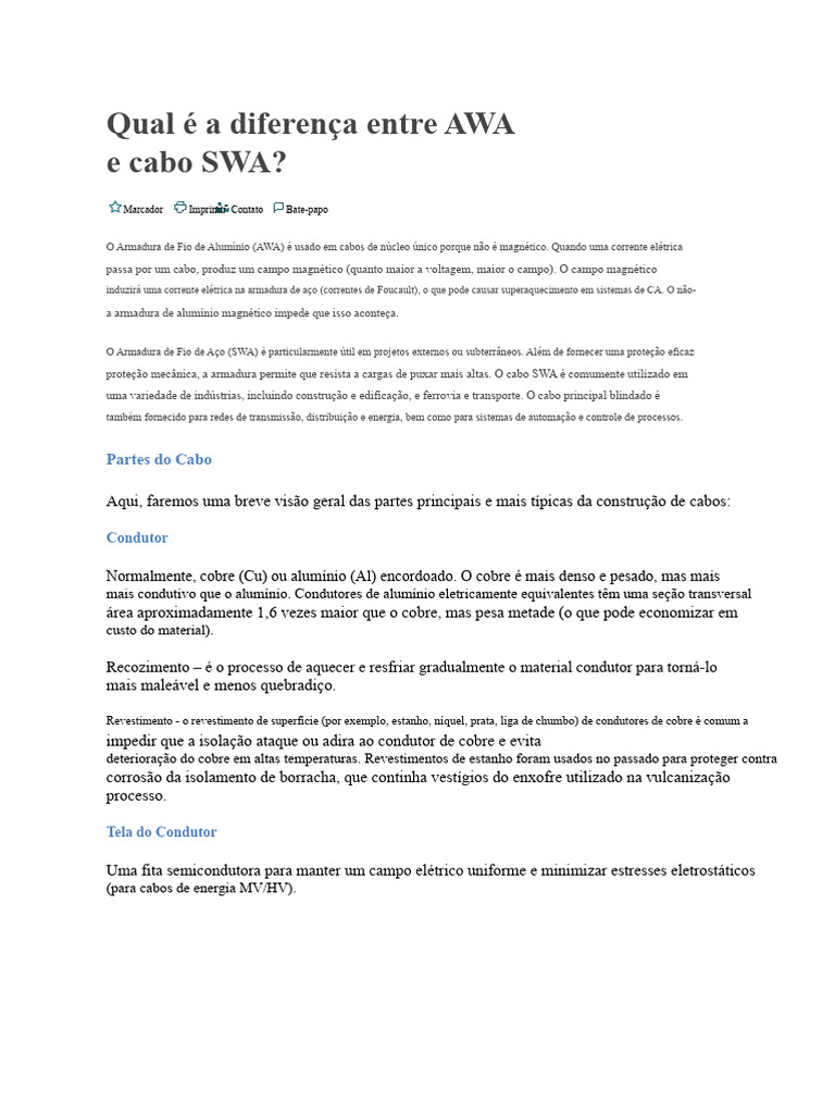 Qual É A Diferença Entre Cabos AWA e SWA? | PDF | Condutor elétrico ...