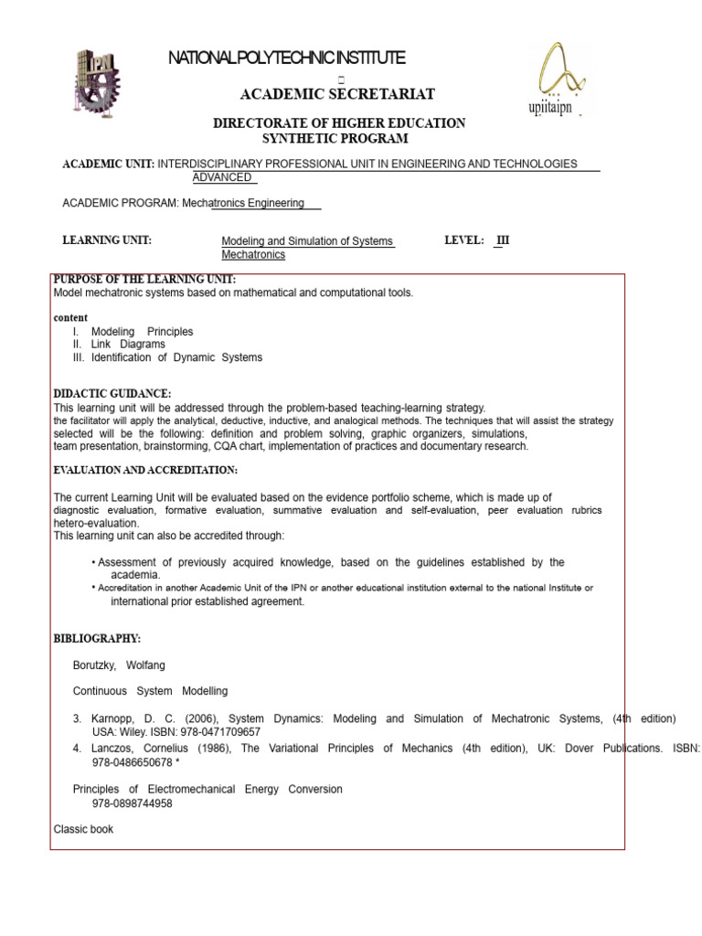 Mechatronics Systems Modeling Unit | PDF | Evaluation | Mechatronics