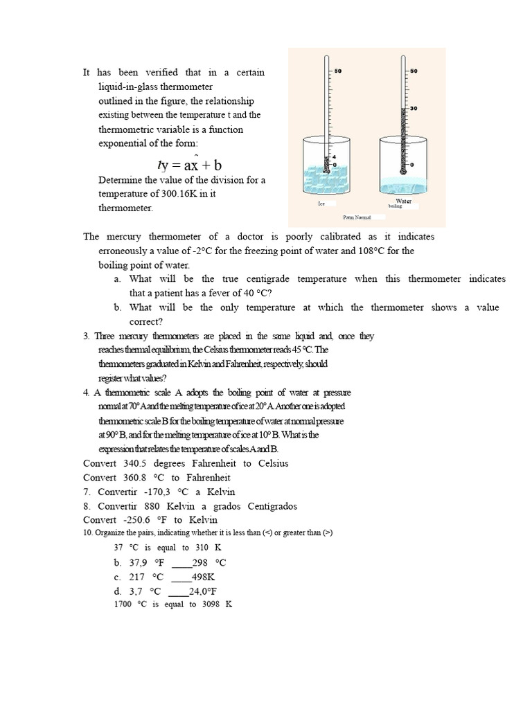 Exercises - Thermometry and Expansion | PDF | Celsius | Thermometer