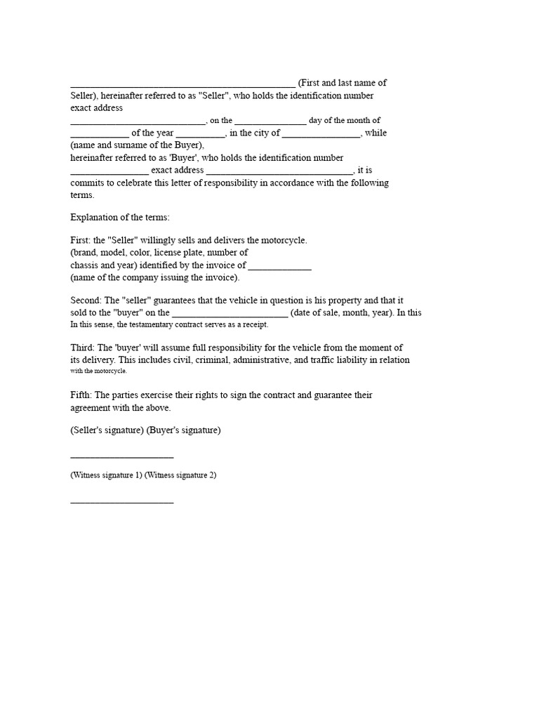 Example of A Motorcycle Purchase Sale Responsibility Letter Format For ...