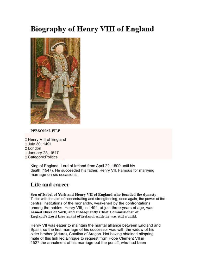 Biography of Henry VIII of England | PDF | House Of Tudor