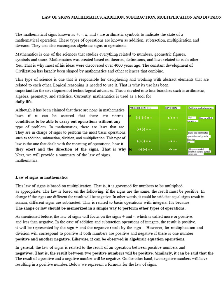 Law of Mathematical Signs | PDF | Mathematics | Multiplication