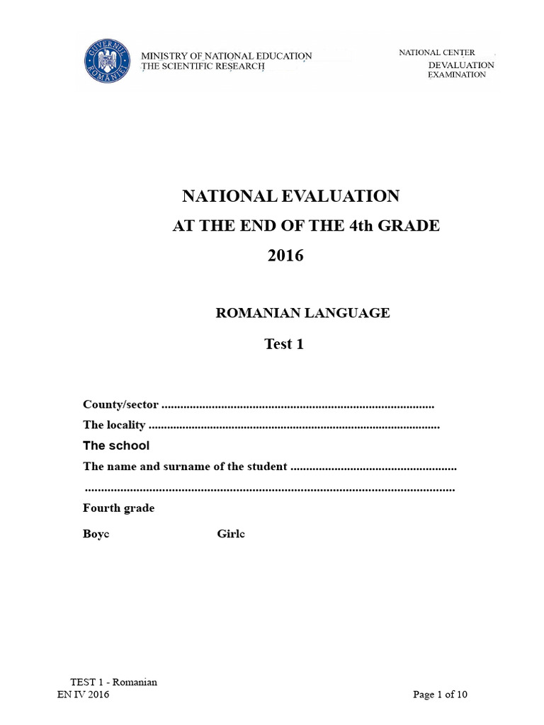 National Evaluation 2016, Grade IV Romanian Language Test 1 | PDF | Pottery