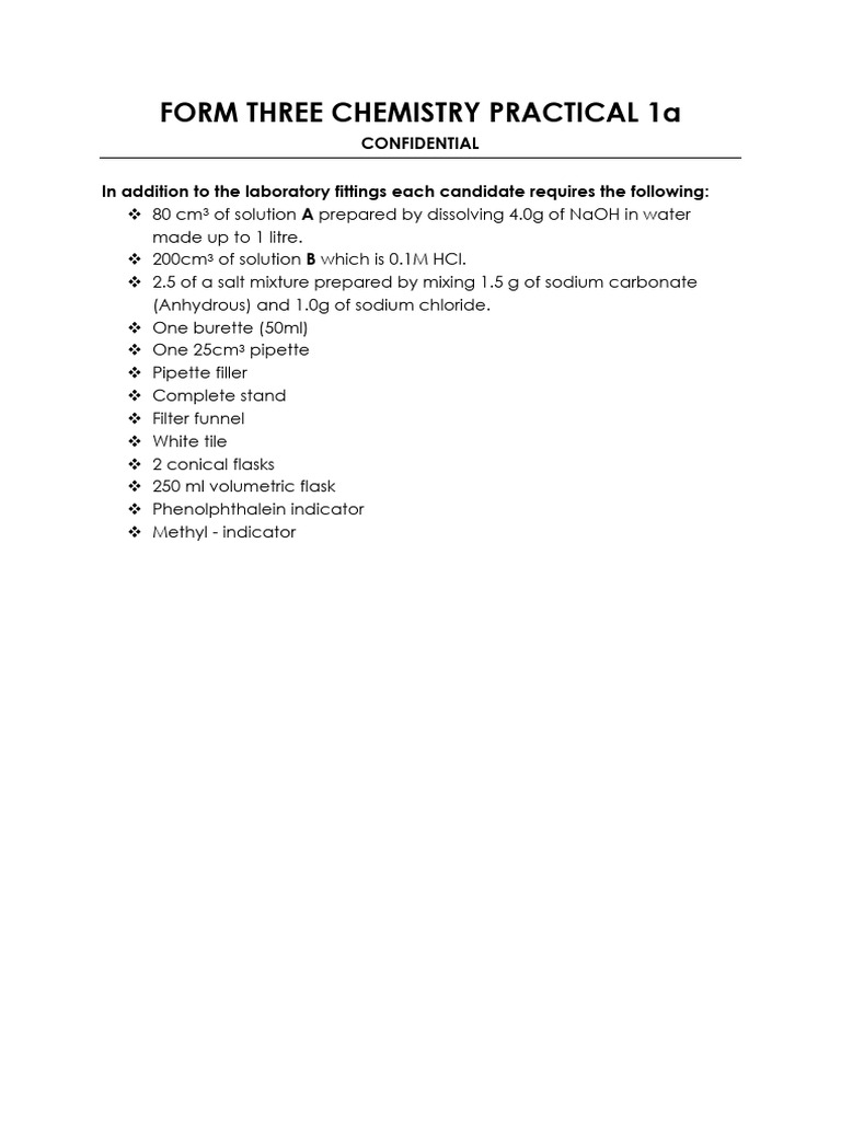 Form Three Chemistry Practical C1a | PDF
