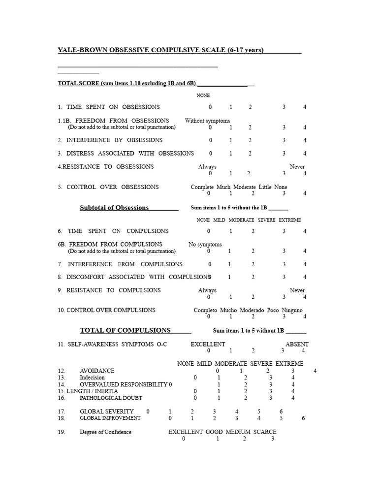 CY-BOCS Full Response Scale | PDF | Obsessive–Compulsive Disorder ...