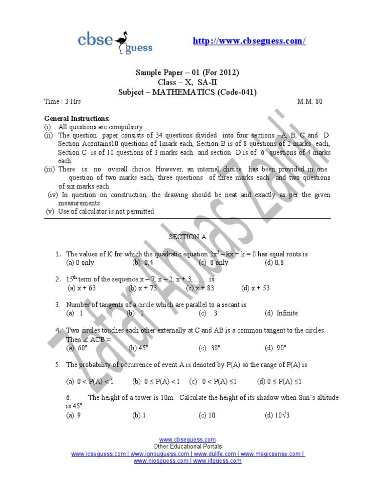 Sample Paper - 01 (For 2012) Class - X, SA-II Subject - MATHEMATICS ...