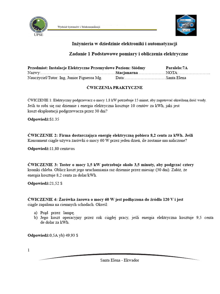 Zadanie 1 Pomiar I Obliczenia Elektryczne | PDF
