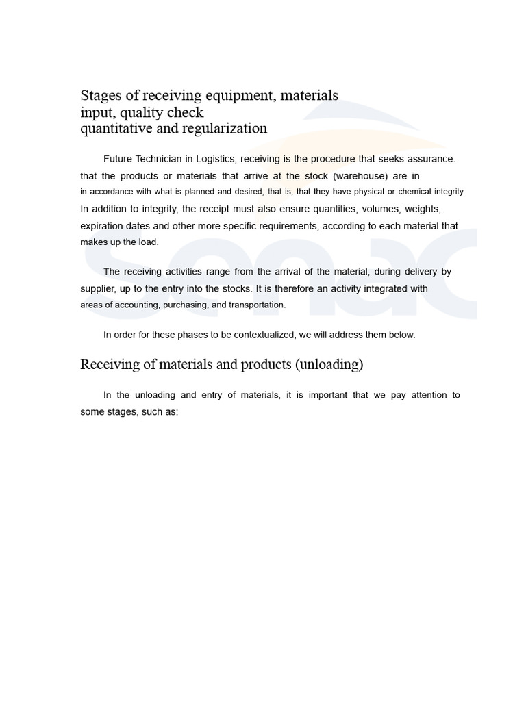 Phases of Receiving Equipment, Materials, and Products: Entry ...