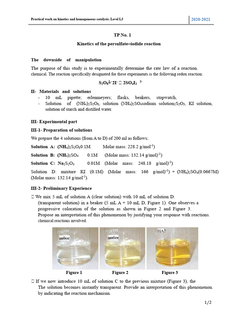 Lab No. 1 Kinetics of The Persulfate-Iodide Reaction - Section B | PDF | Chemical Process ...
