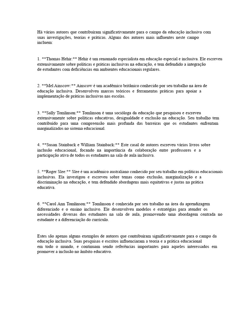 Autores Influentes em Educação Inclusiva | PDF