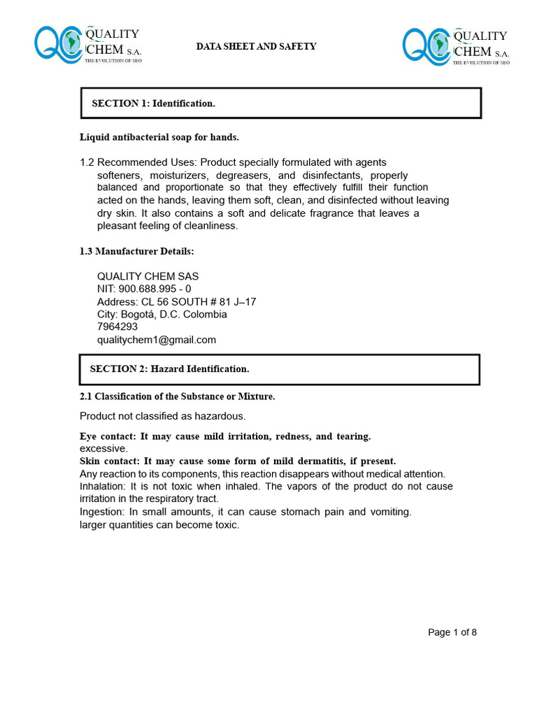 Liquid Antibacterial Soap Safety Data Sheet | PDF | Disinfectant | Toxicity