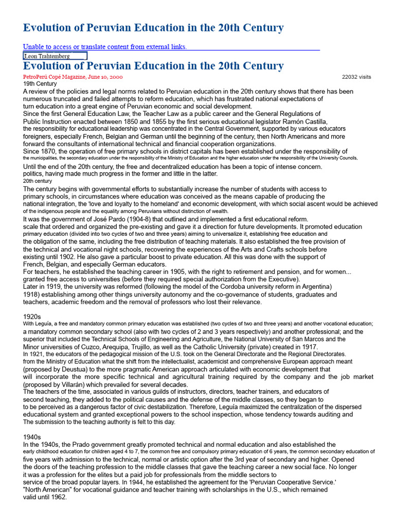 Evolution of Peruvian Education in The 20th Century | PDF | Vocational ...