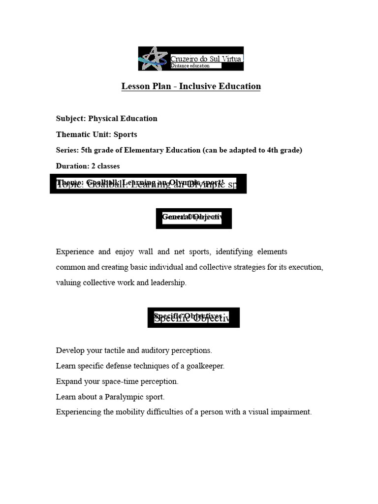 Lesson Plan Inclusive Education Internship | PDF | Experience | Sports