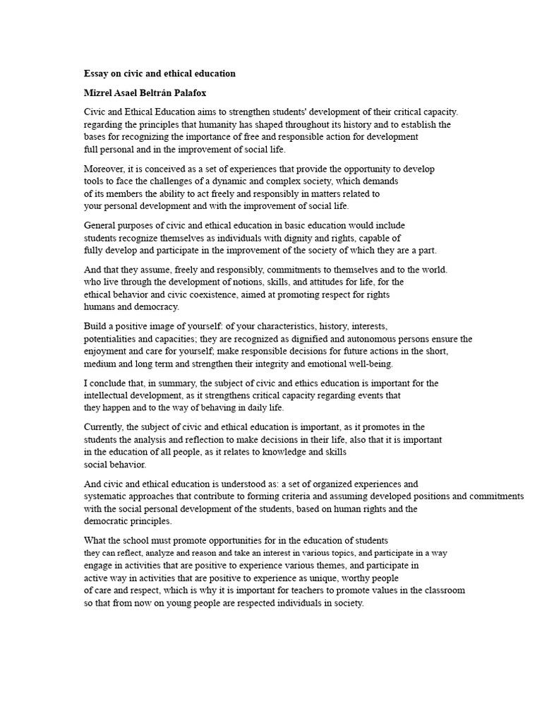 Essay On Civic and Ethical Education | PDF | Behavioural Sciences ...