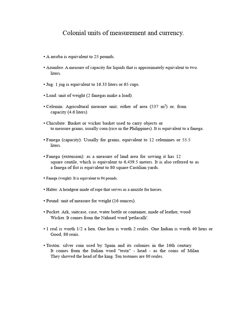 Colonial Units of Measurement | PDF