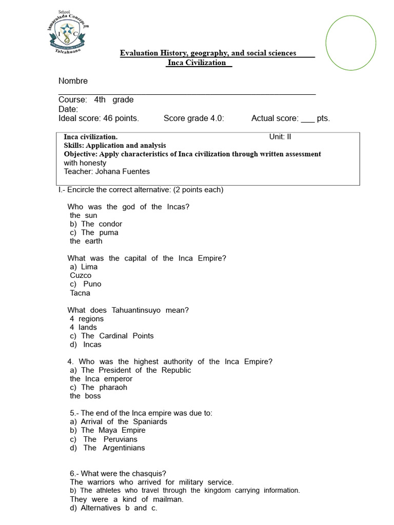 4th Grade Inca Civilization Test | PDF | Inca Empire | Andes