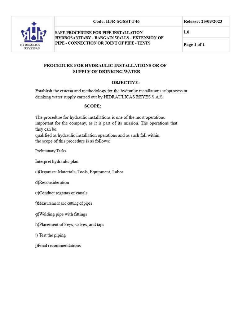 Safe Procedure For The Installation of Hydrosanitary Pipe | PDF | Pipe ...