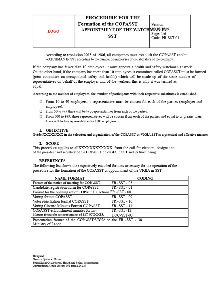 Annex 7. Procedure For The Formation of The Copasst or Appointment of ...