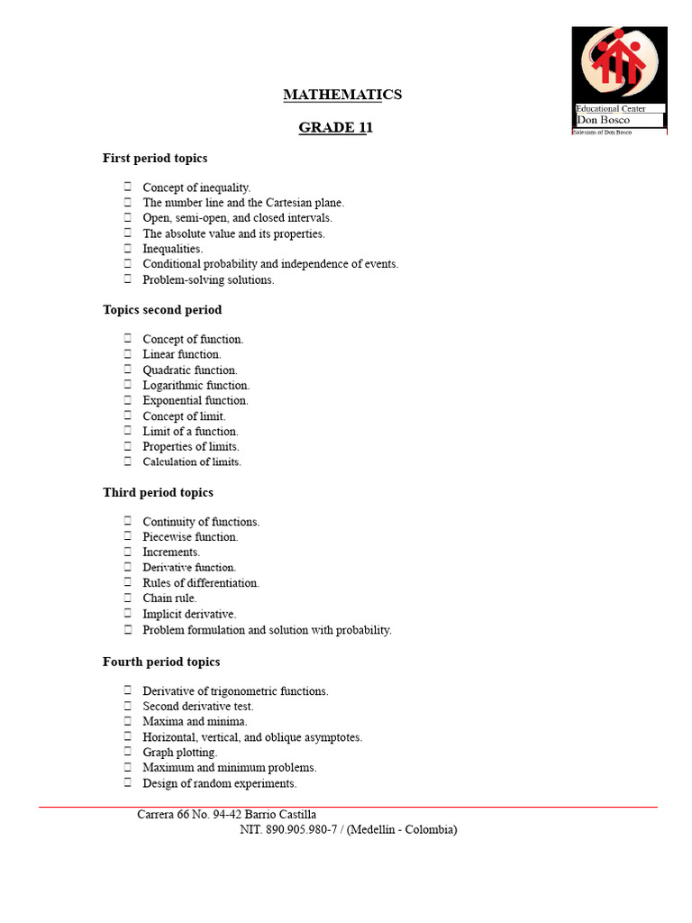 Mathematics Topics Grade 11 PDF | PDF