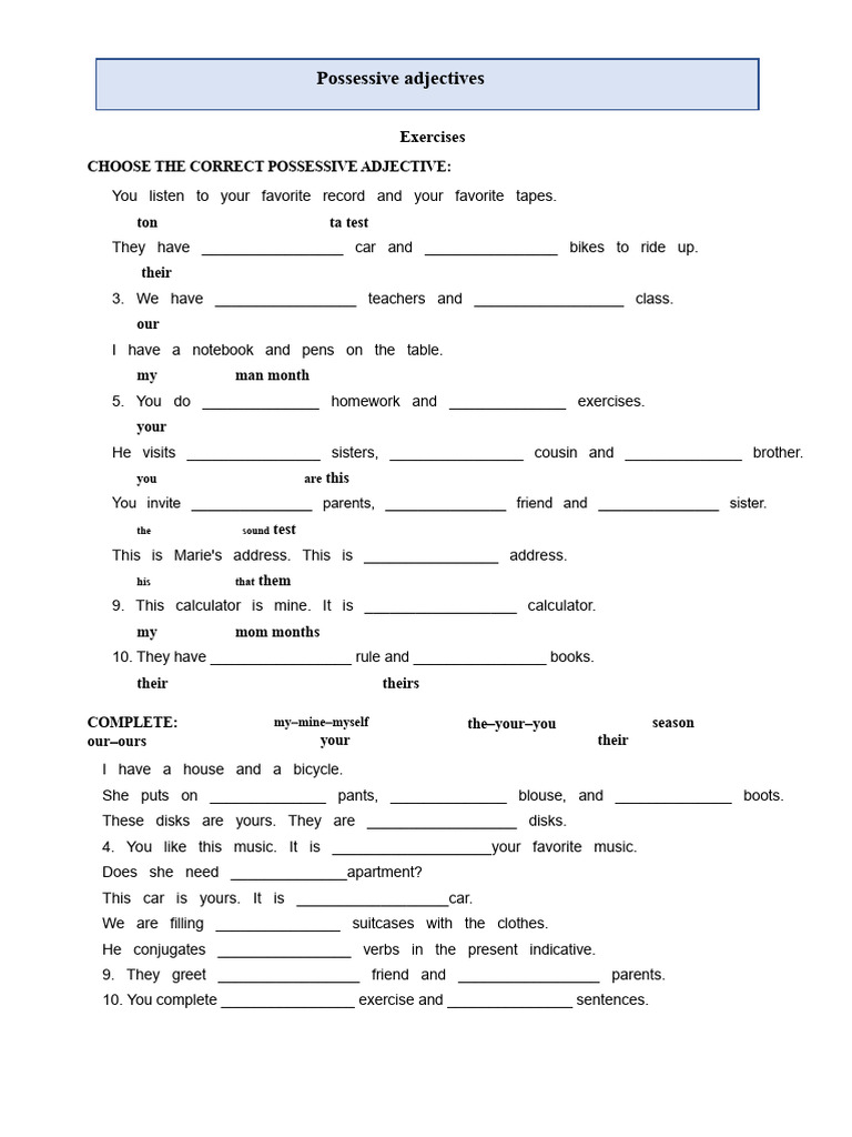 Possessive Adjectives - Exercises | PDF