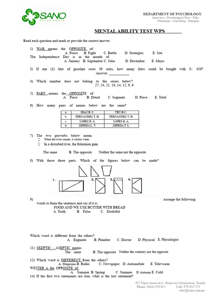 Mental Ability Test Wps | PDF